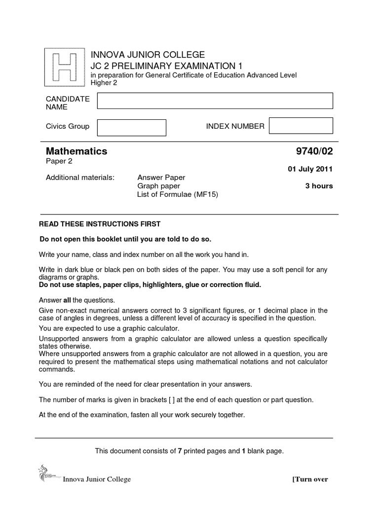 IJC JC 2 H2 Maths 2011 Mid Year Exam Questions Paper 2 | PDF ...