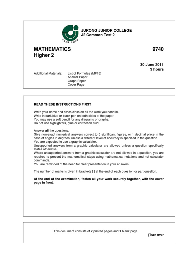 JJC JC 2 H2 Maths 2011 Mid Year Exam Questions | PDF | Equations ...