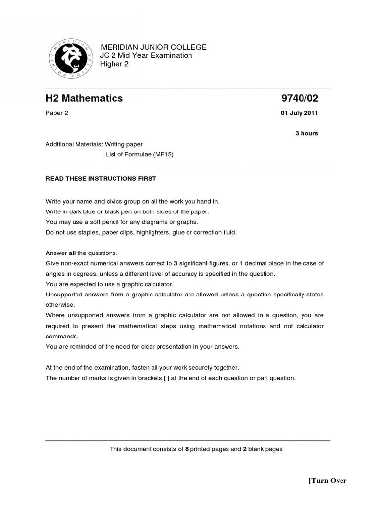 MJC JC 2 H2 Maths 2011 Mid Year Exam Questions Paper 2 | PDF | Mean ...