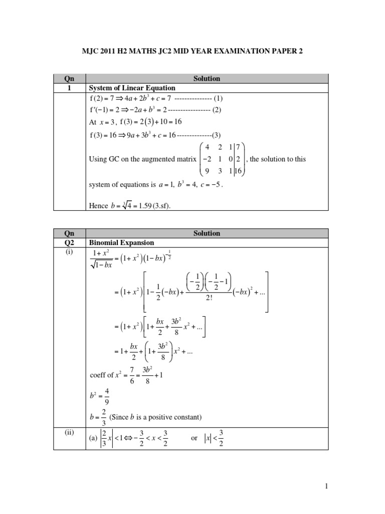 MJC JC 2 H2 Maths 2011 Mid Year Exam Solutions Paper 2 | PDF | P Value ...