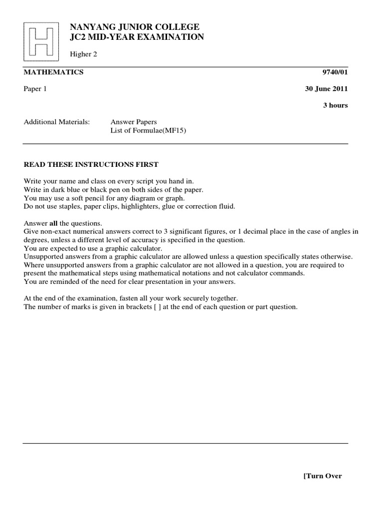 NYJC JC 2 H2 Maths 2011 Mid Year Exam Question Paper 1 | PDF ...