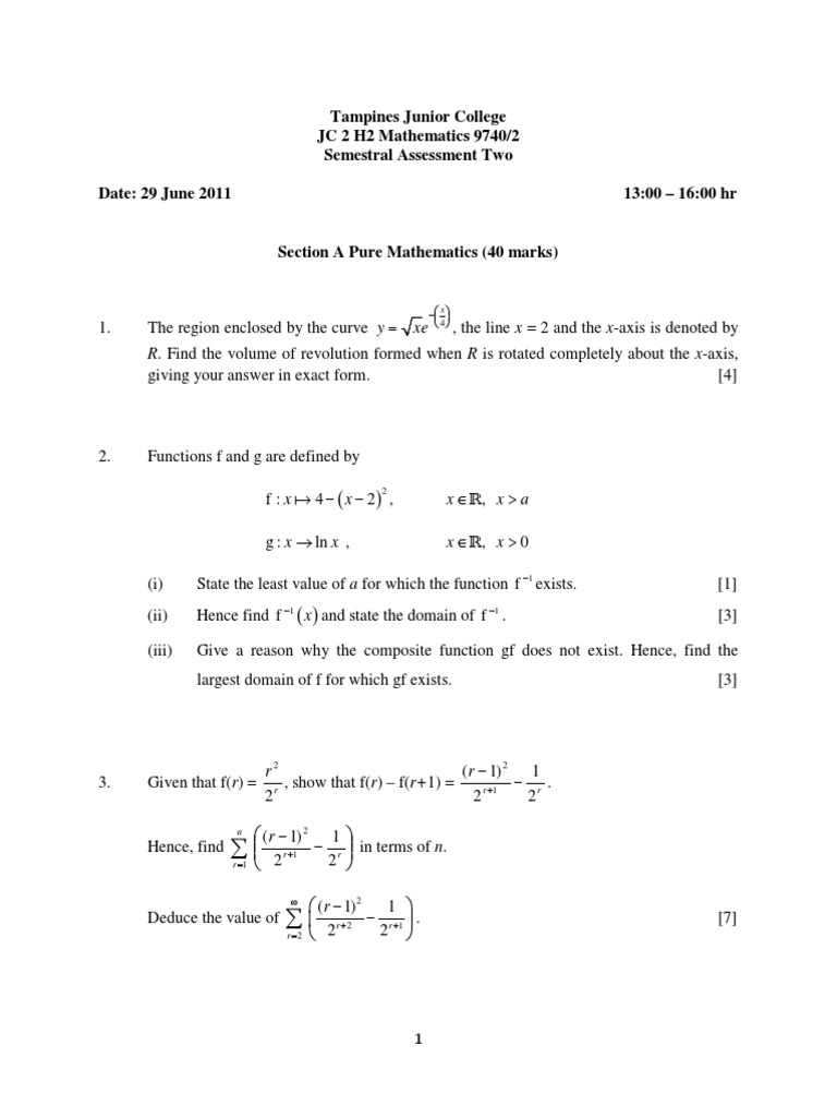 TPJC JC 2 H2 Maths 2011 Mid Year Exam Questions | PDF | Mean | Normal ...