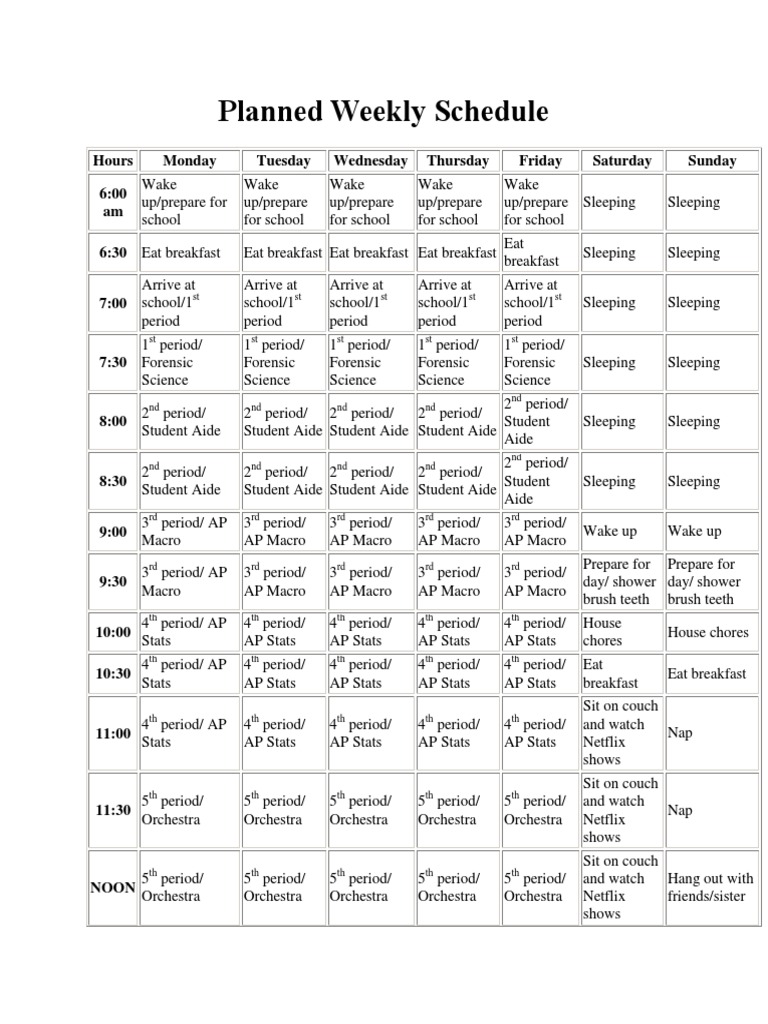 Planned Weekly Schedule Emily Tran | PDF | Leisure