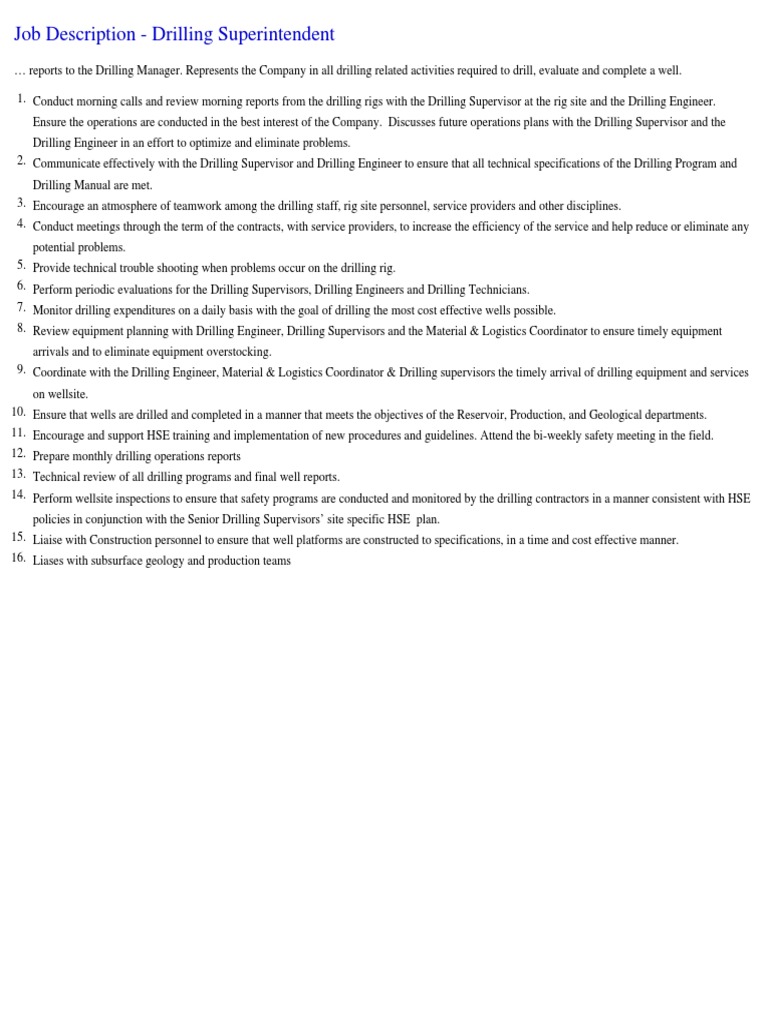 Job Description - Drilling Superintendent | PDF | Oil Well | Supervisor