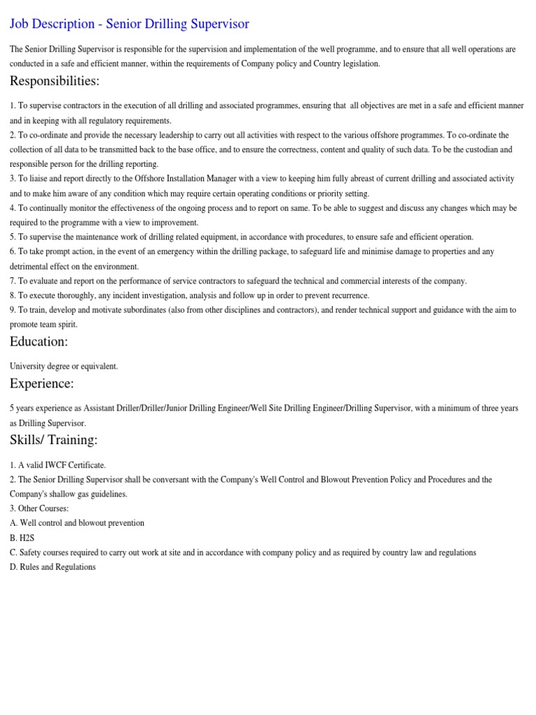 Job Description - Senior Drilling Supervisor | PDF | Supervisor ...