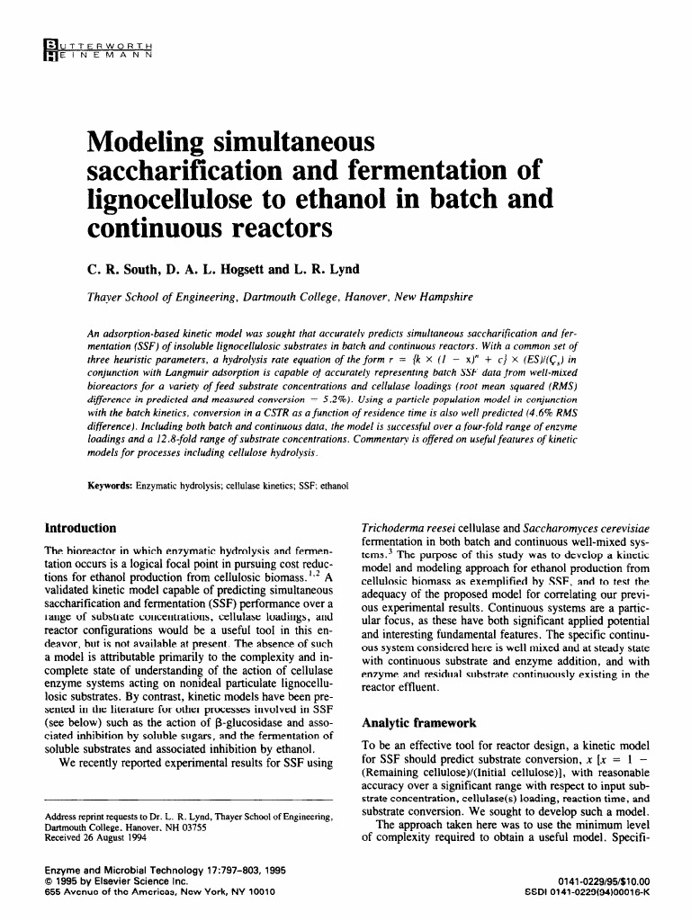 Modeling Simultaneous Sac Hari Cation And Fermentation Of Lignocellulose To Ethanol In Pdf