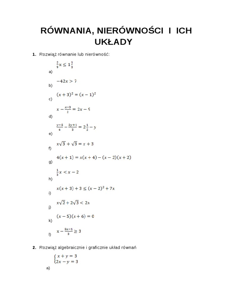 Równania, Nierówności, Układy Równań. | PDF