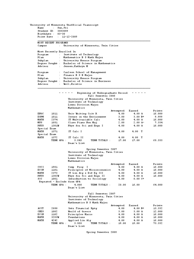 University of Minnesota Unofficial Transcript | Teaching Mathematics | Learning