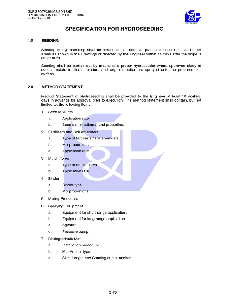 Specification For Hydroseeding | PDF | Mulch | Soil