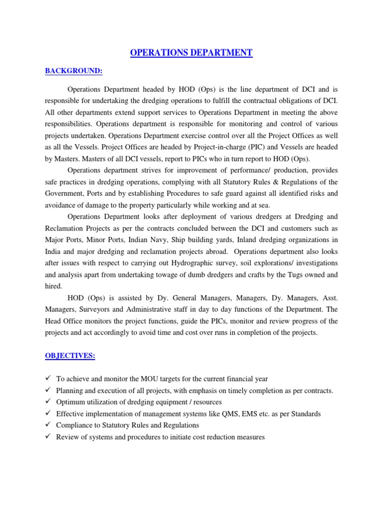 Operations Department: Background | PDF | Dredging | Pipeline Transport