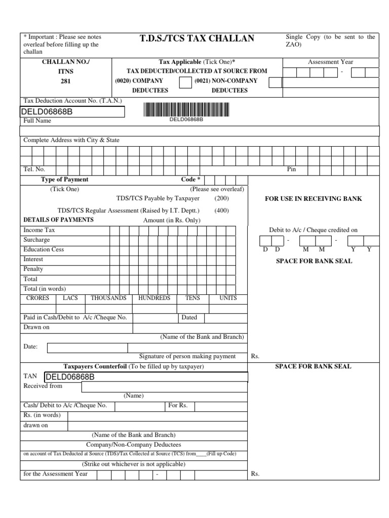 T.D.S./Tcs Tax Challan: DELD06868B | Cheque | Financial Services