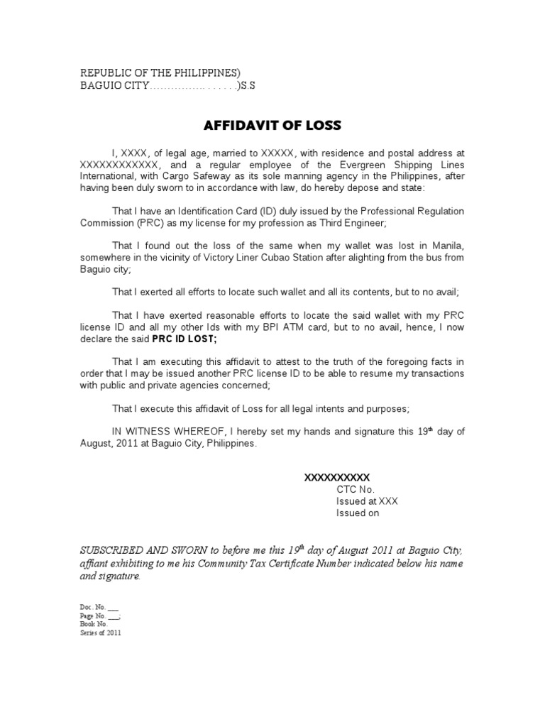 Affidavit of Loss of PRC ID Card | PDF