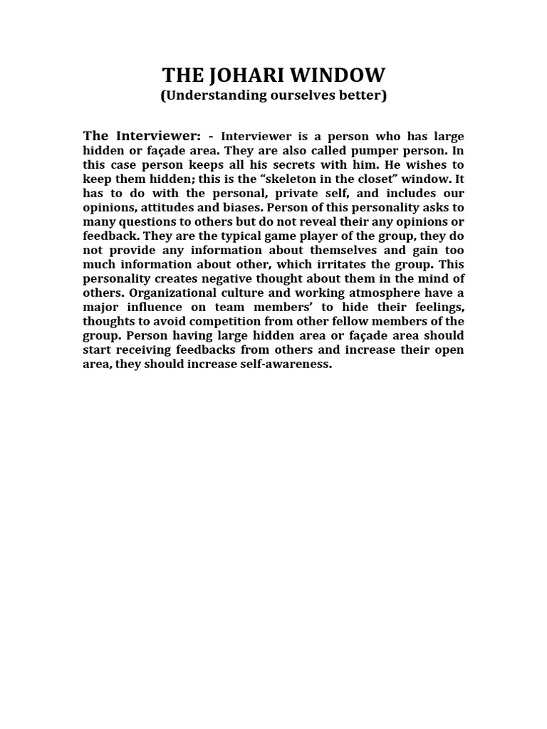 The Johari Window: (Understanding Ourselves Better) The Interviewer | PDF
