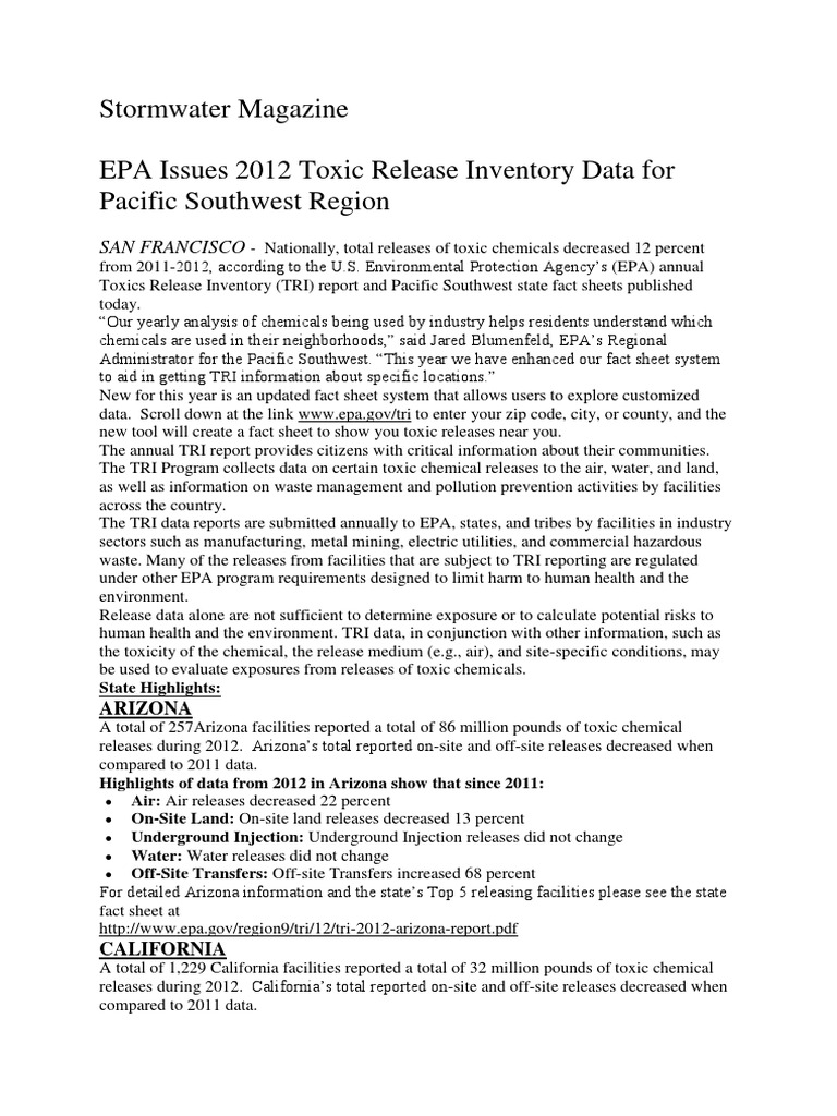 Stormwater Magazine EPA Issues 2012 Toxic Release Inventory Data For ...
