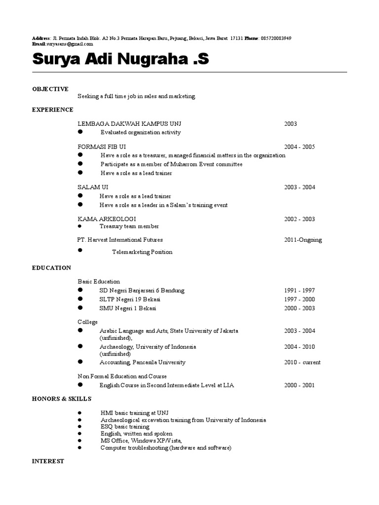 Sales and Marketing Resume of Surya Adi Nugraha | PDF | Career & Growth ...