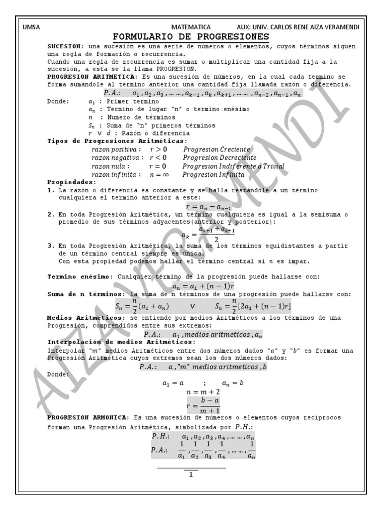 Formulario Progresiones | PDF | Proporción | Raíz cuadrada