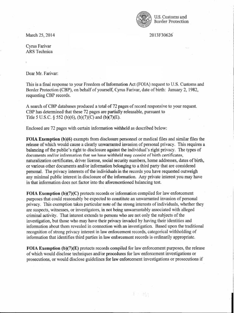 Farivar CBP FOIA Response | PDF | Freedom Of Information Act (United ...