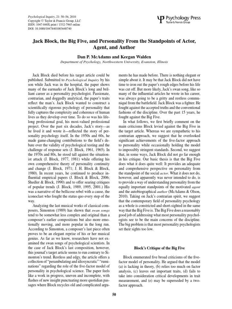 Jack Block, The Big Five, and Personality From The Standpoints of Actor, Agent, and Author | PDF ...