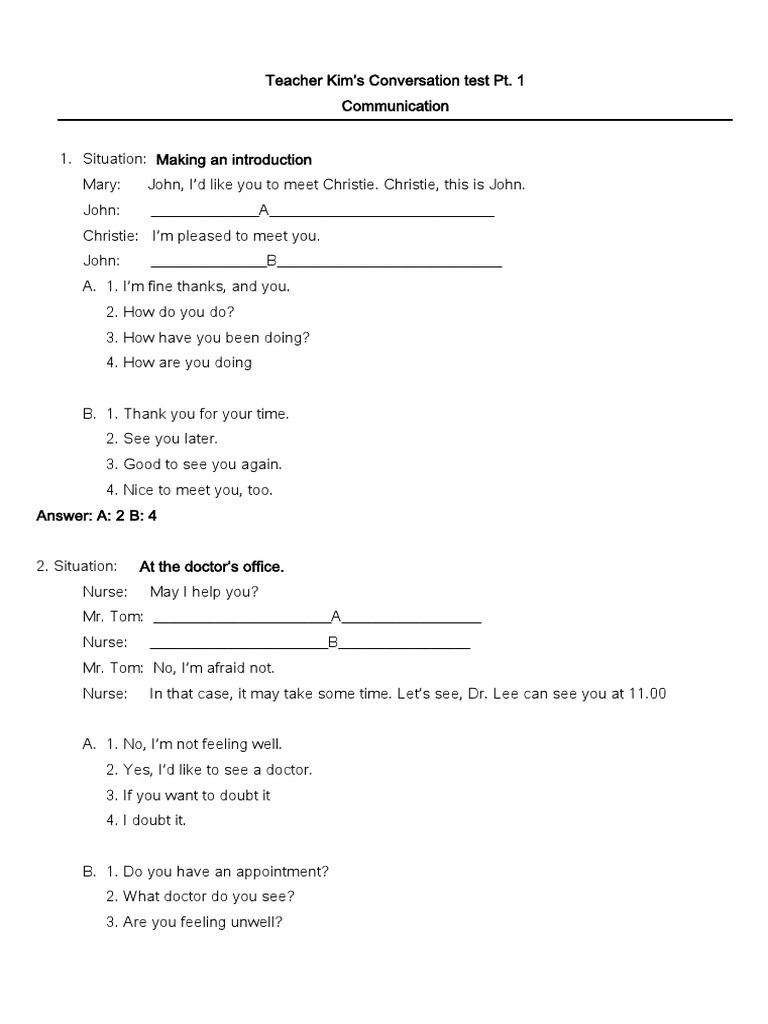 English Conversation Test Practice | PDF | Leisure
