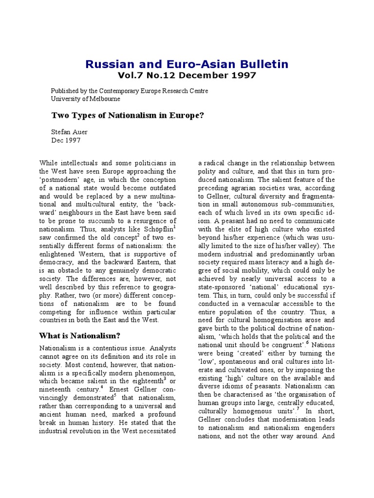 AUER, Two Types of Nationalism in Europe | PDF | Nationalism | Nation