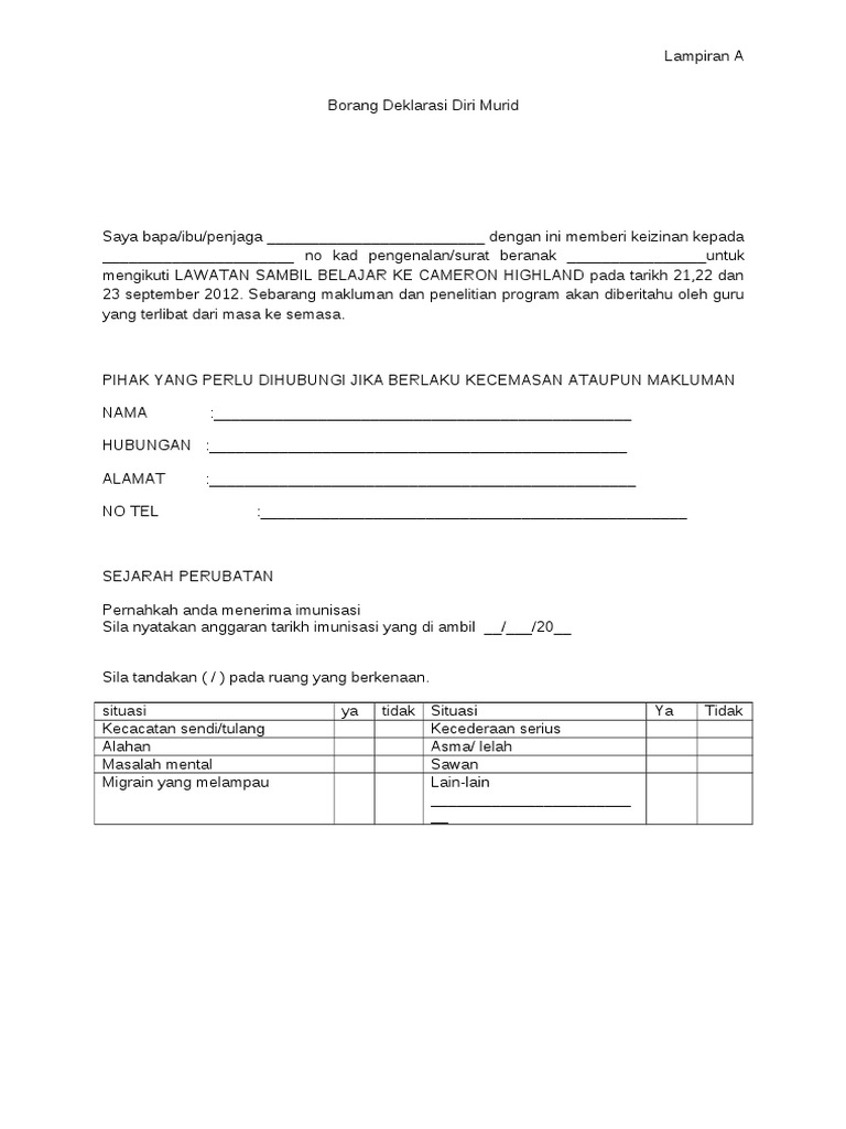 Borang Deklarasi Diri Murid | PDF