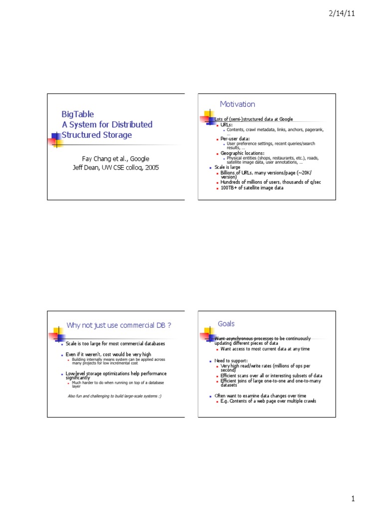 Bigtable A System For Distributed Structured Storage: Motivation | PDF | Map Reduce | Load ...