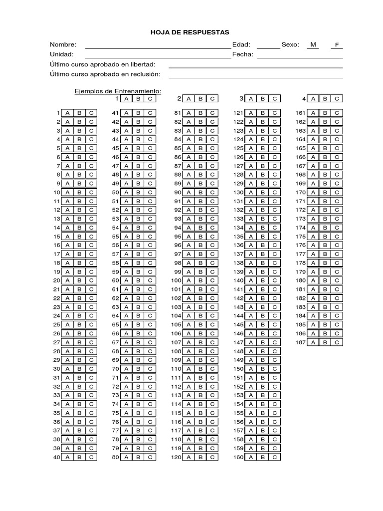 16 PF, Hoja de Respuestas