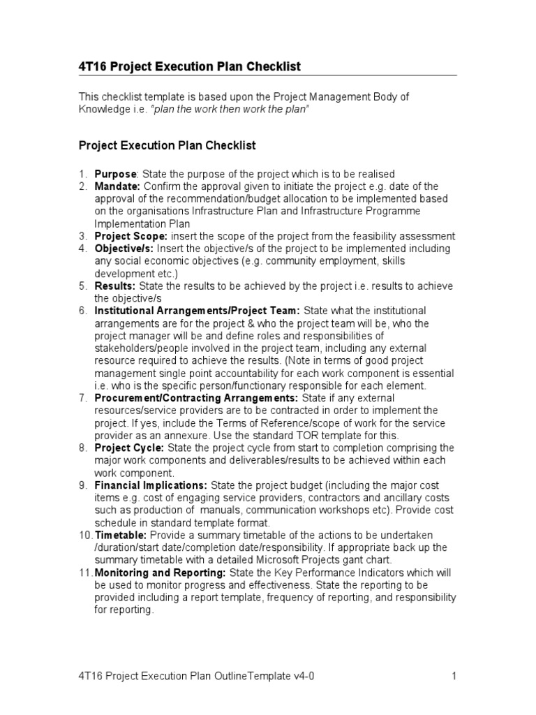 4T16 Project Execution Plan Checklist v4-0 | PDF | Project Management ...