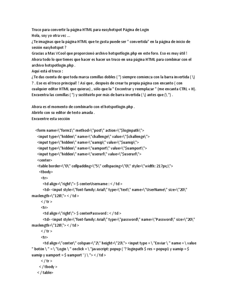 Trick To Convert HTML Page To Easyhotspot Login Page | PDF | HTML | Php