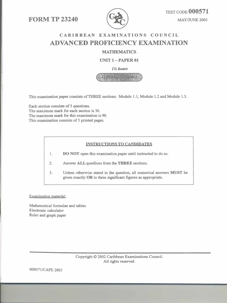 Cape Unit 1 Pure Math Past Exam Papers (2003)