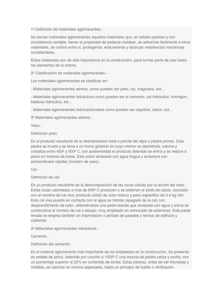 Definición de Materiales Aglomerantes | PDF | Yeso | Cemento