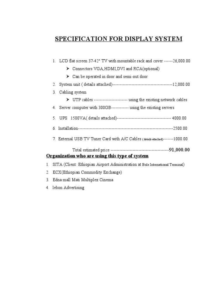 Display System Specification and Pricing | PDF | Video | Usb