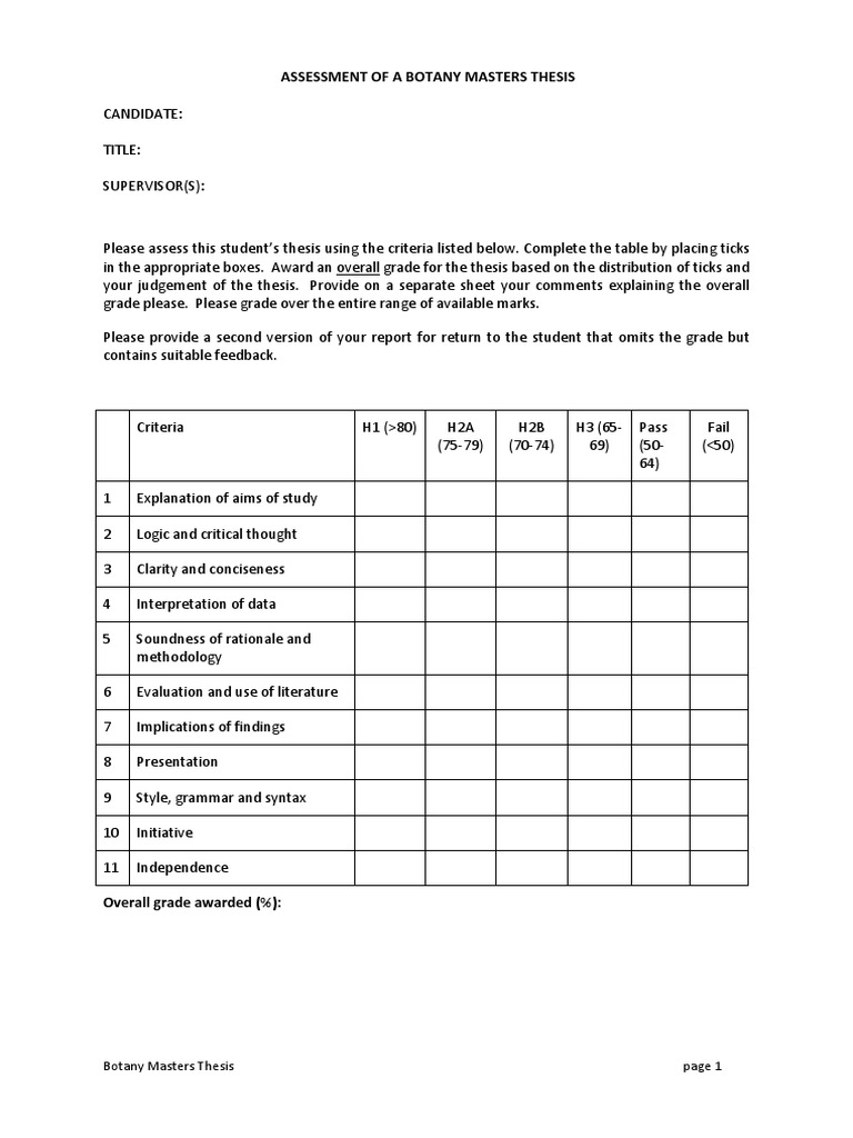Masters Thesis Marking Sheet | PDF | Thesis | Educational Assessment