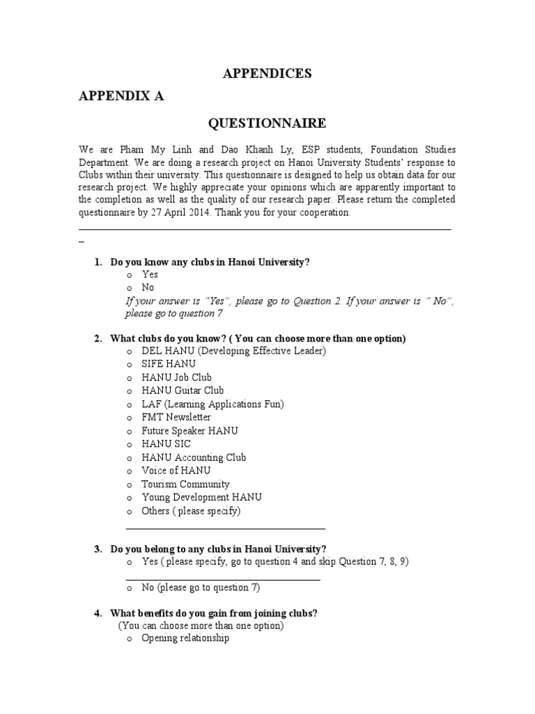 Appendices Appendix A Questionnaire | PDF