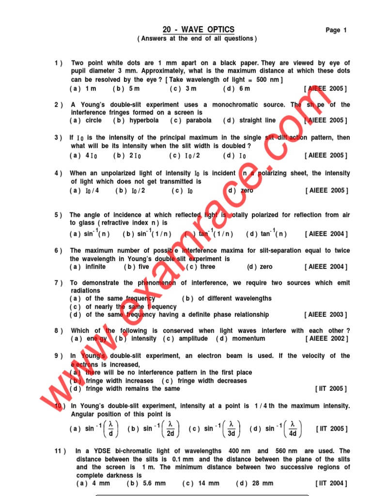 Physics Wave Optics MCQ | PDF | Wavelength | Diffraction