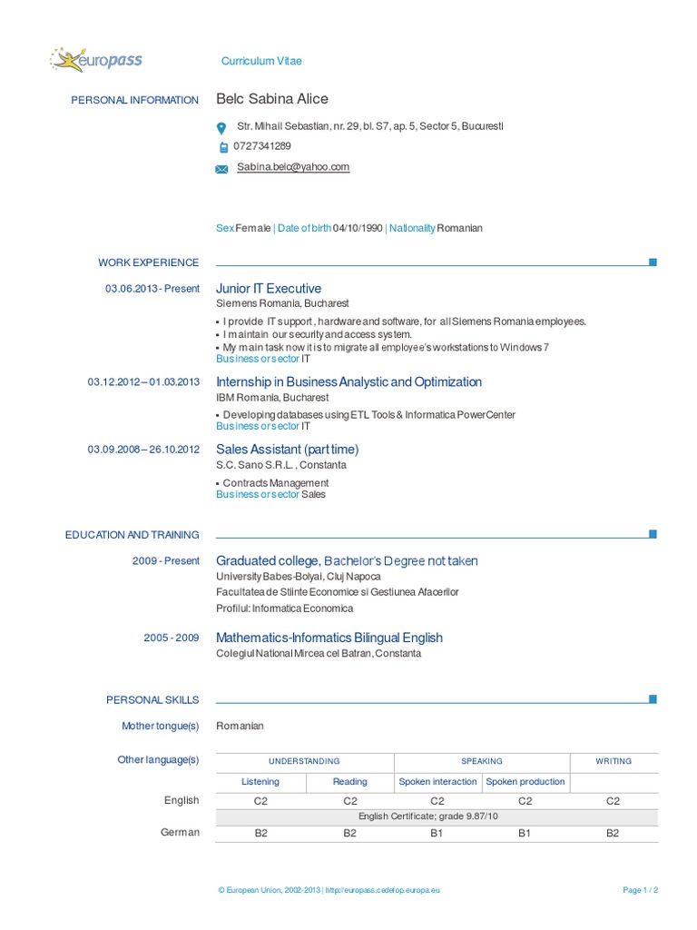 CV Belc Sabina Alice | PDF | Oracle Database | Databases