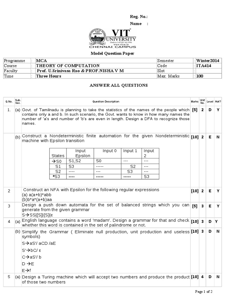 Model Question Paper | PDF | Computer Science | Theory Of Computation