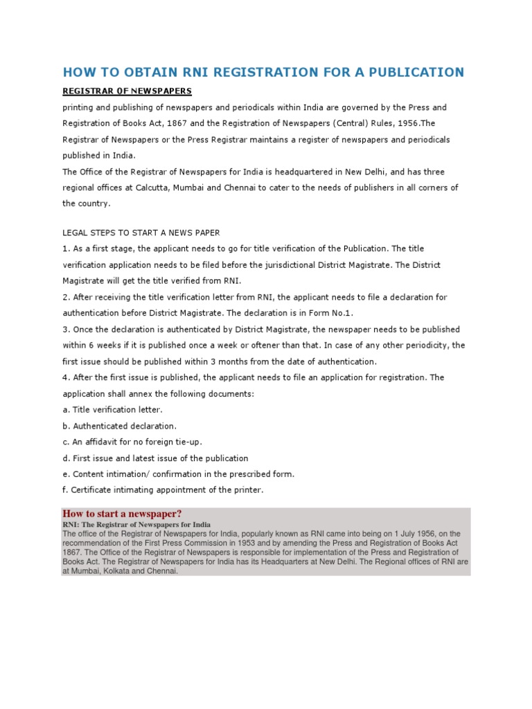 How To Obtain Rni Registration For A Publication | Download Free PDF ...