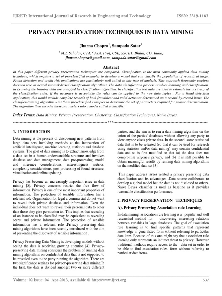 Privacy Preservation Techniques In Data Mining Pdf Support Vector Machine Statistical