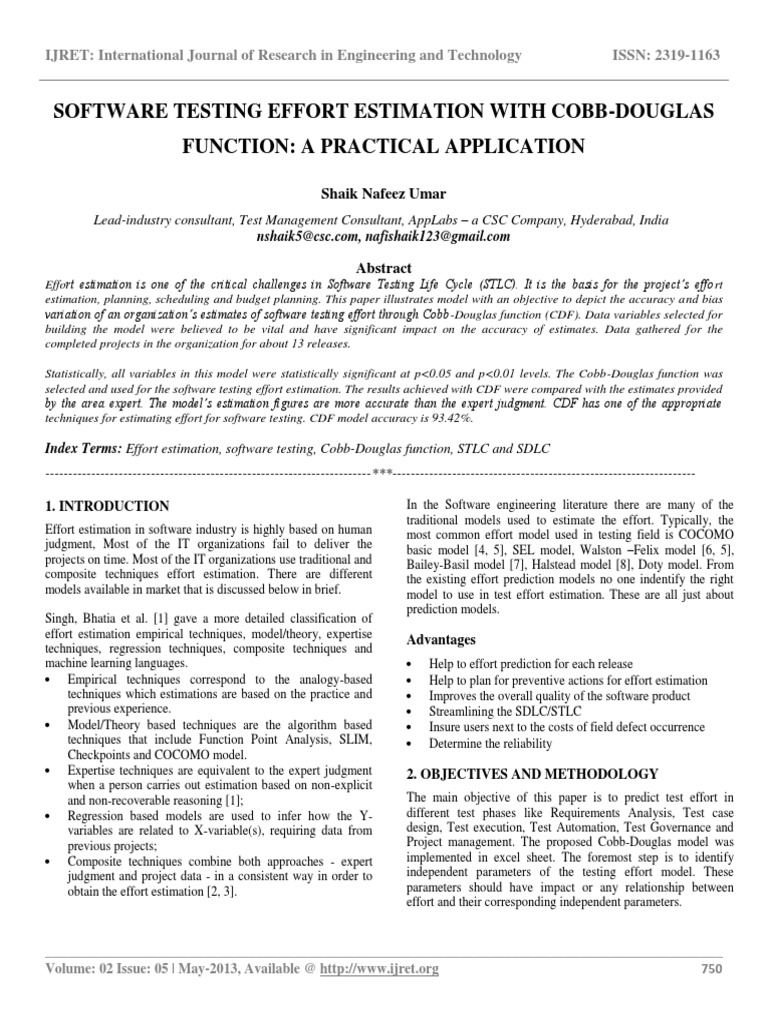 Software Testing Effort Estimation With Cobb Douglas Function A