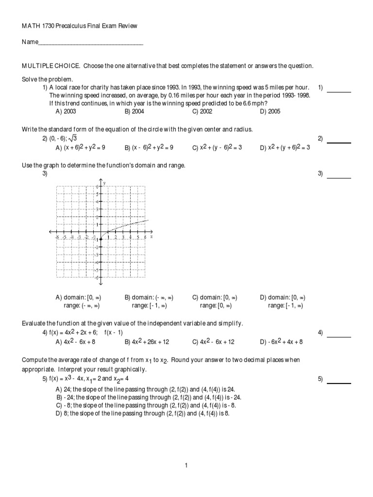 Precalculus MATH 1730 Final Exam Review | PDF | Logarithm | Maxima And ...