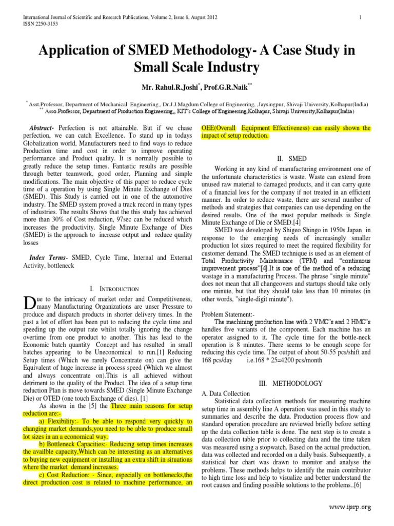 SMED Methodology in Small Industry Case Study | PDF | Business | Computers