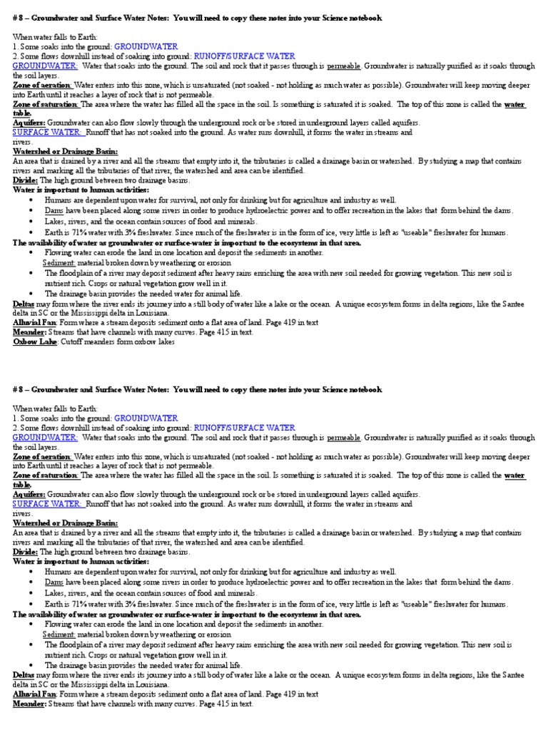 8 Groundwater and Surface Water Notes | PDF | Drainage Basin | Groundwater