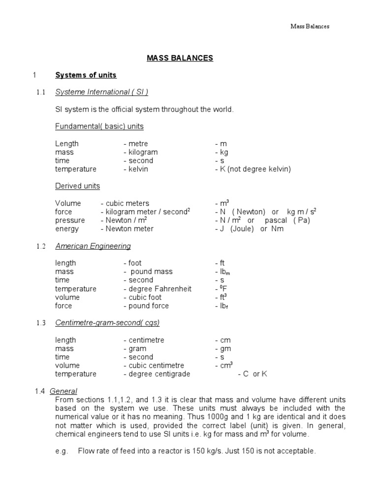 Mass Balances and Chemical Units Guide | PDF | Mole (Unit) | Mass ...
