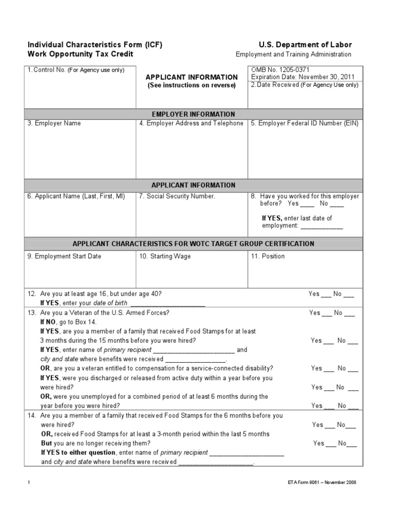 Individual Characteristics Form (ICF) Work Opportunity Tax Credit ...