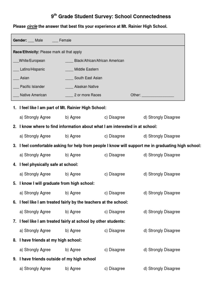 9th Grade School Connectedness Survey | PDF | Race And Ethnicity In The ...