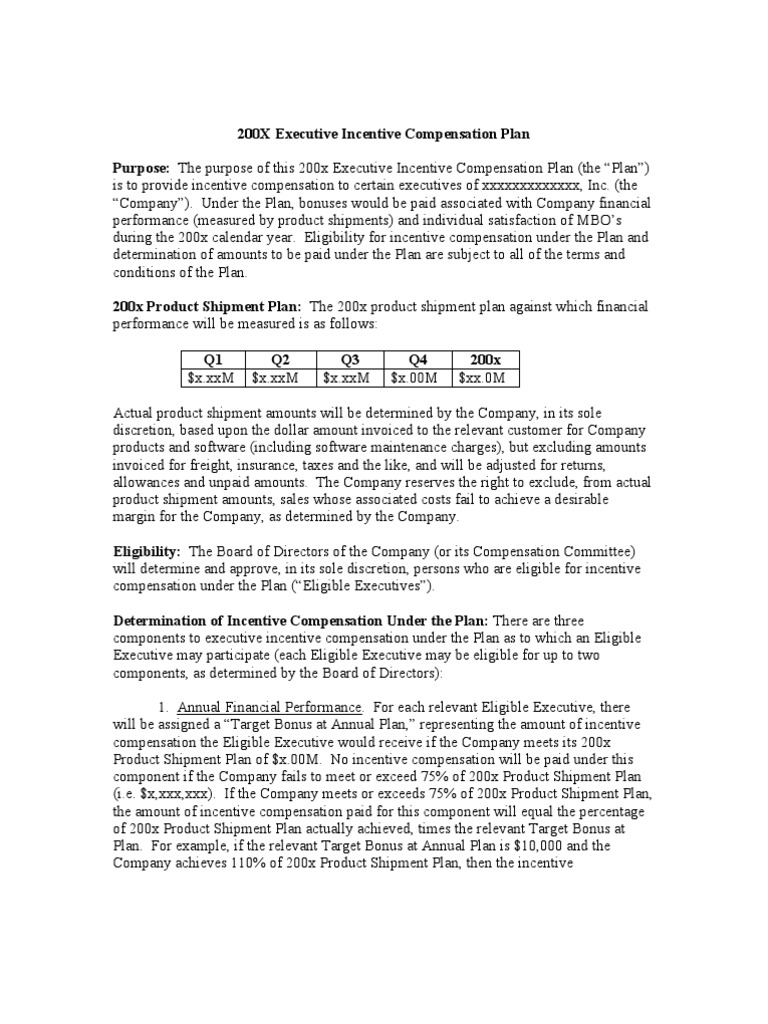 CEO Bonus Plan Sample-Product Shipping | Incentive | Executive Compensation