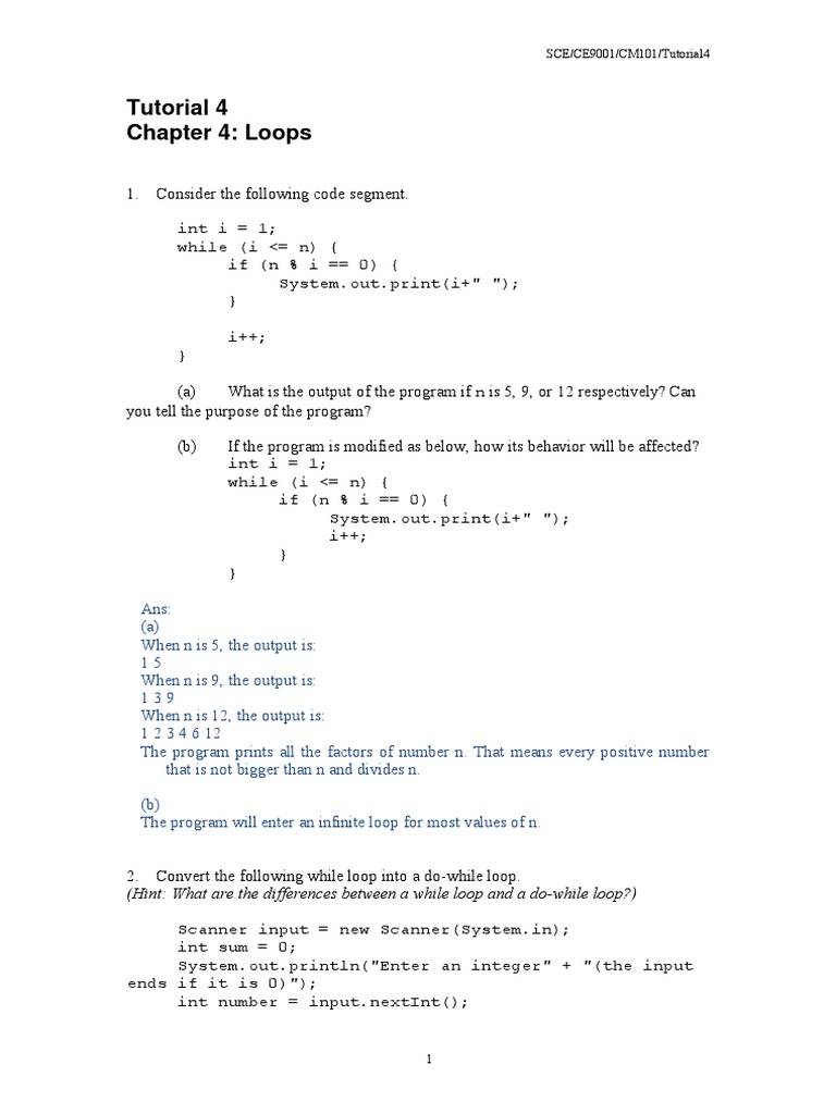 Tutorial 4 Chapter 4: Loops: (Hint: What Are The Differences Between A While Loop and A Do-While ...