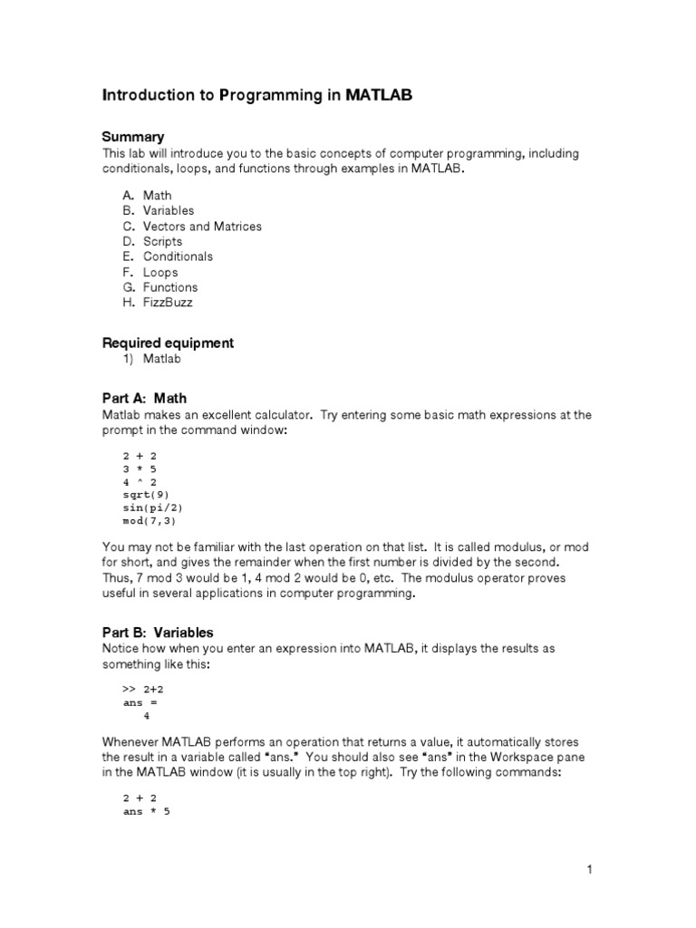 Introduction To Programming in MATLAB: 2 + 2 3 5 4 2 SQRT (9) Sin (Pi/2 ...
