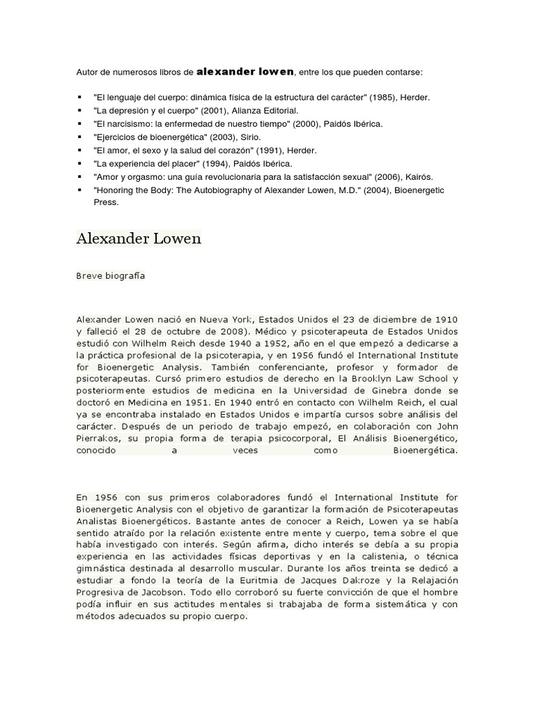 Alexander Lowen Biografia | PDF | Conceptos psicologicos | Sicología